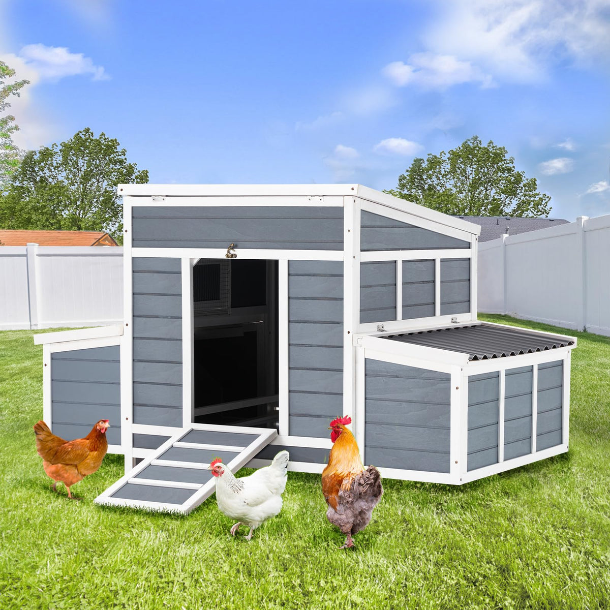 AECOJOY Chicken Coop, 56" Large Wooden Chicken Hutch with 6 Nesting Bo ...