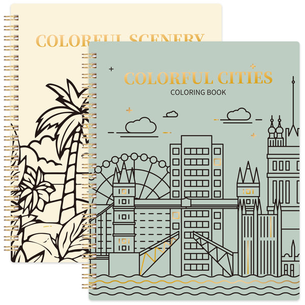 Adult Coloring Book Set of 2 - Inspirational Adventures and Landmarks ...