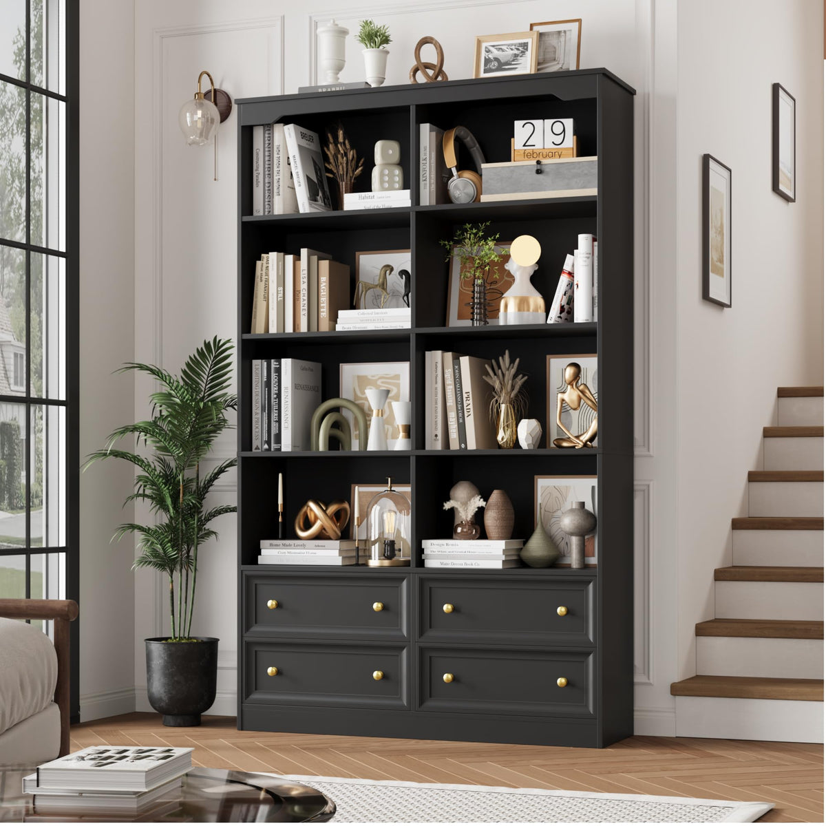 FINETONES 71" Black Bookshelf with 4 Drawers, 6-Tier Double Wide Books ...