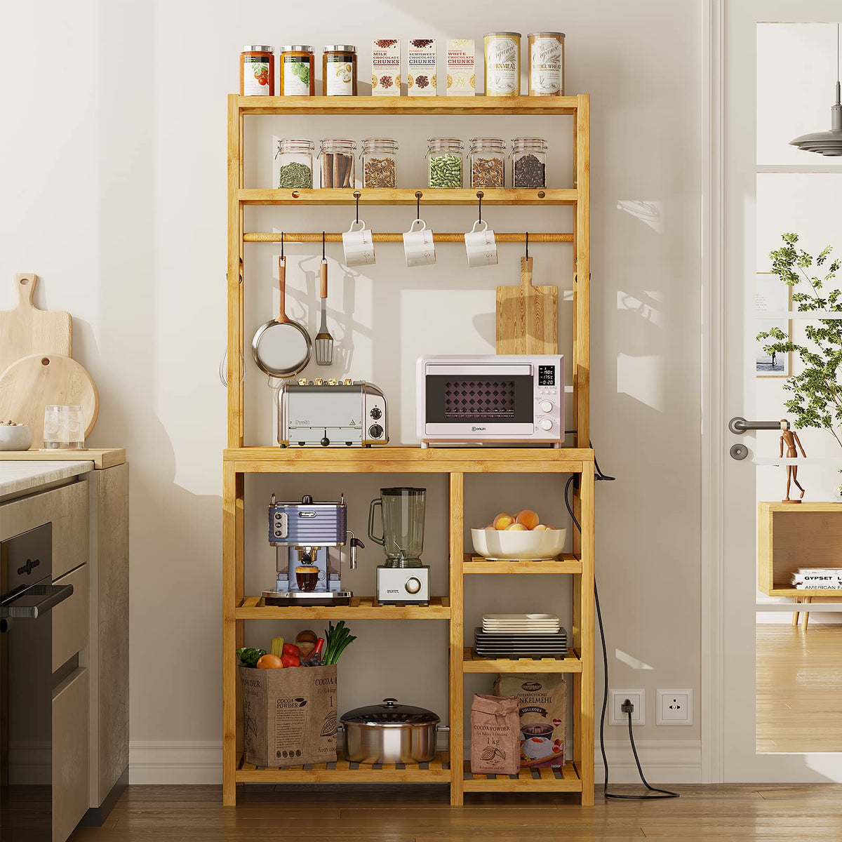 FORABAMB 8-Tier Bamboo Bakers Rack with Power Outlets and S-Shaped Hoo ...