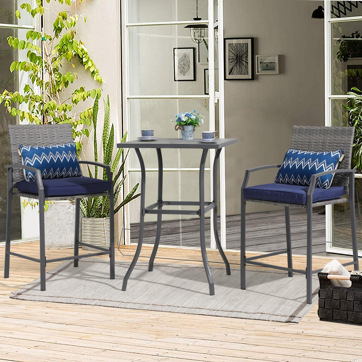 JOIVI 3 Piece Patio Bar Set, Outdoor Wicker Counter Height Bar Stools ...