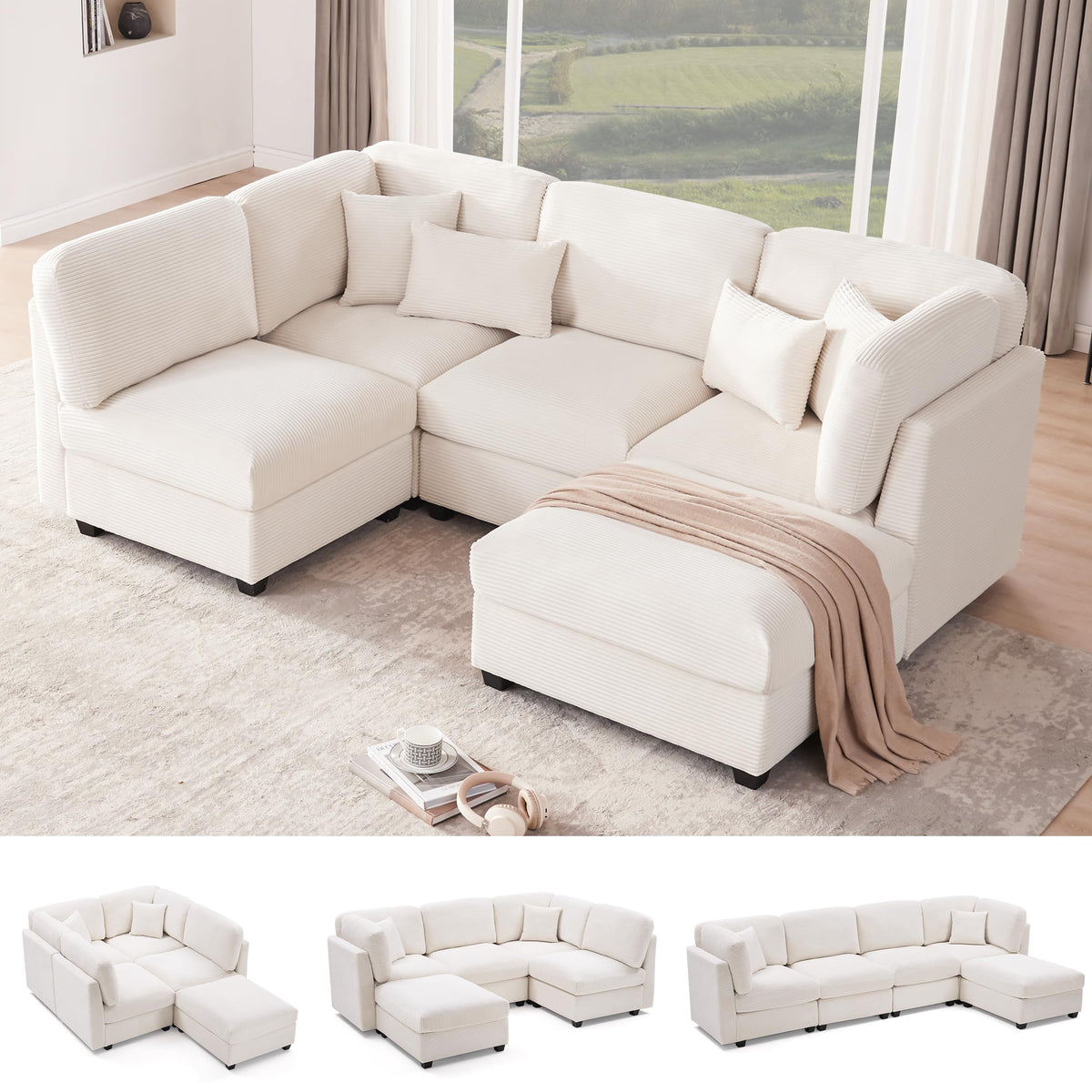 Huatean Home 125 Inch Oversized Corduroy Modular Sectional Sofa U Sha