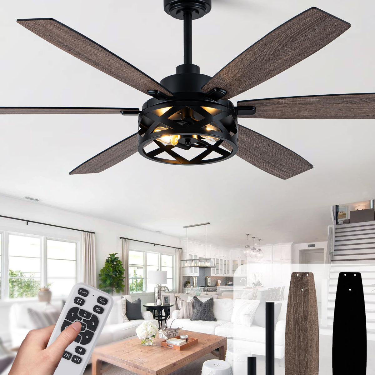 Curve Curio 60 Inch Farmhouse Ceiling Fan with Light Black Rustic Ceil ...