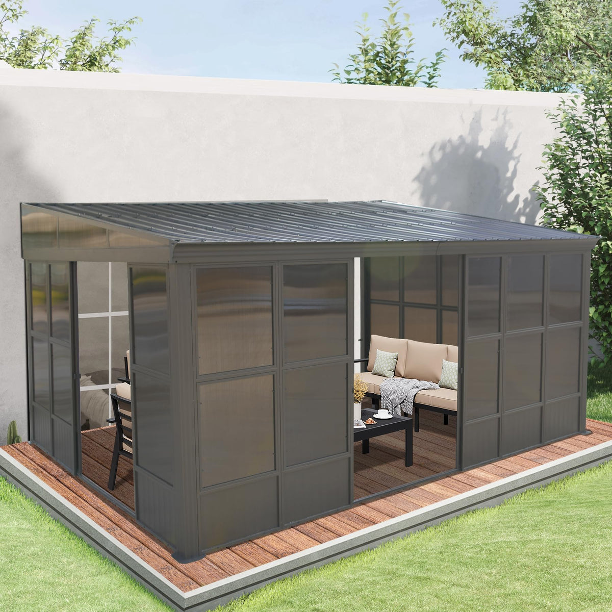 Domi 12x16FT Wall Mounted Sunroom, Against Wall Solarium with Galvaniz ...