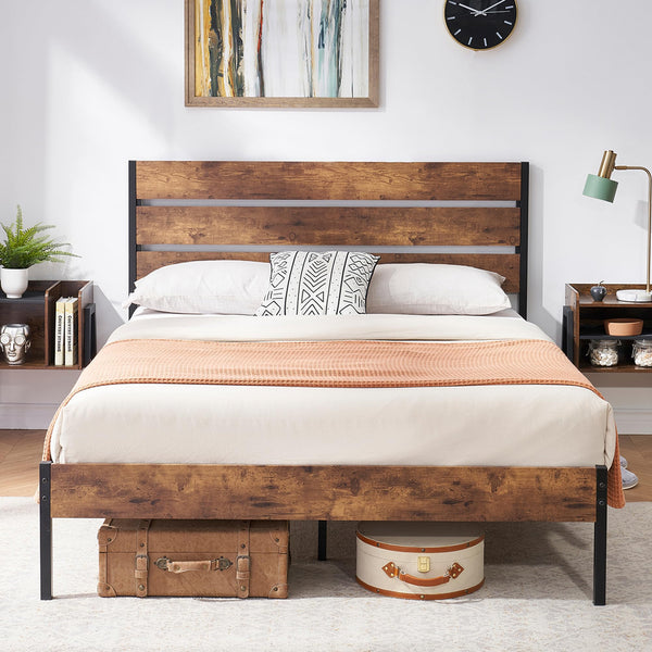 VECELO Rustic Queen Size Bed Frame with Wooden Headboard and Sturdy Sl ...