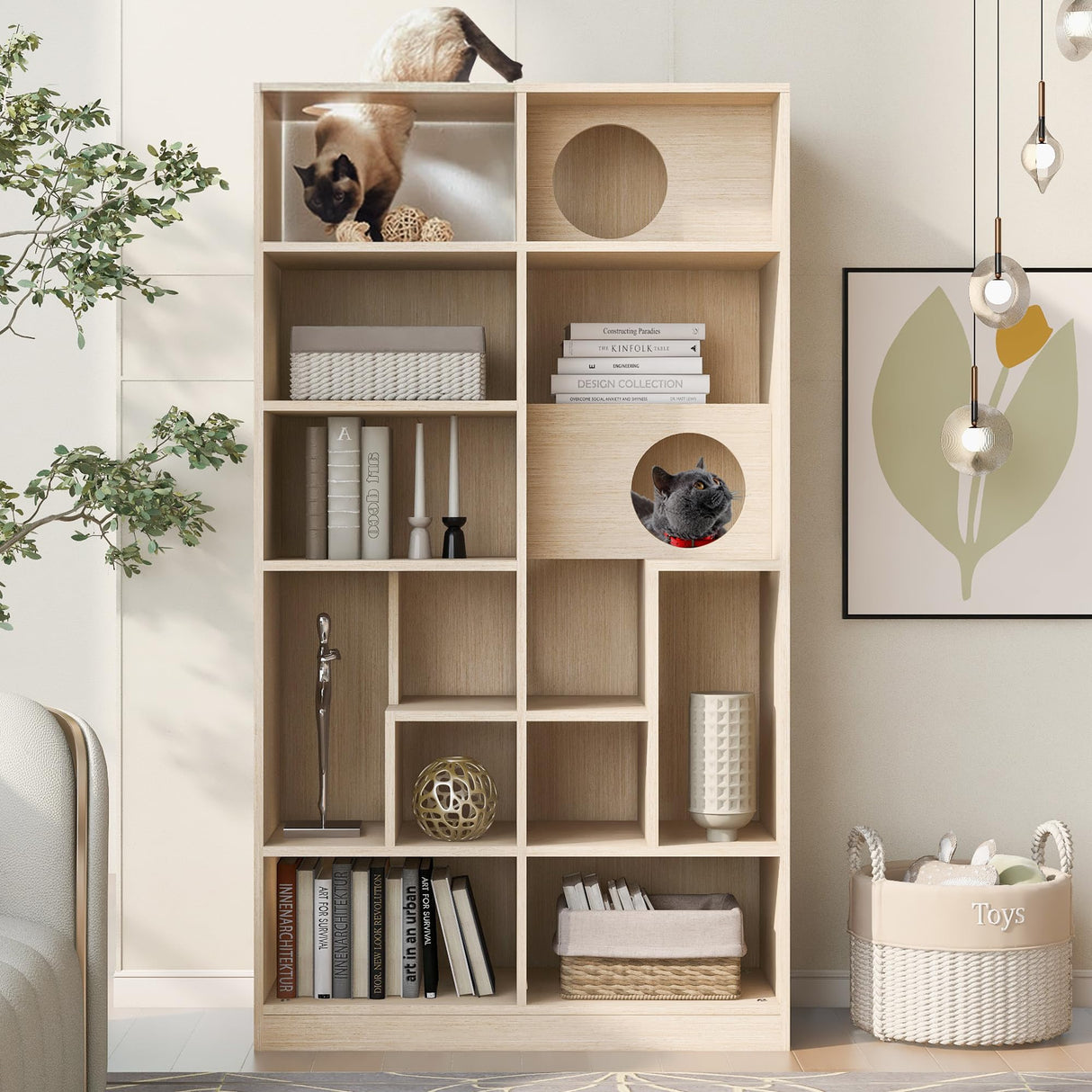 EMOBACO Bookcase Wooden Cat Tree, Natural Bookshelf Indoor Cat House P ...