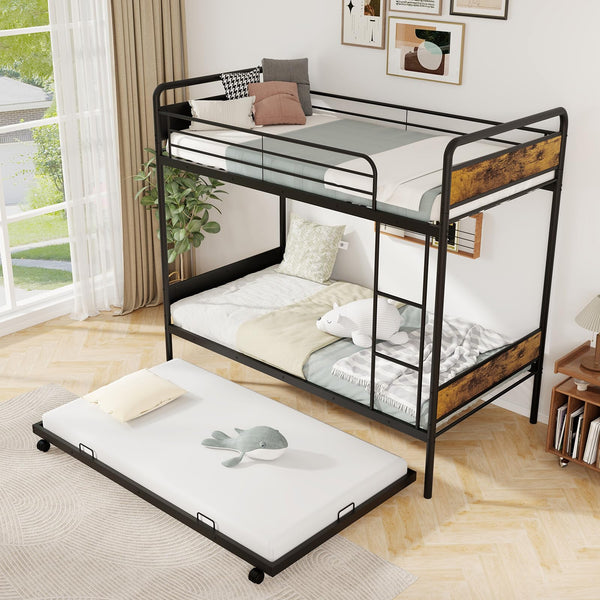 KOMFOTT Metal Twin Over Twin Bunk Bed with Trundle, Industrial Bunk Be ...