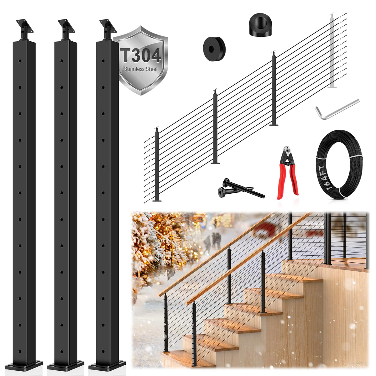 Zylorix 42" One-Stop All Black Cable Railing System Post Kit for Decks ...