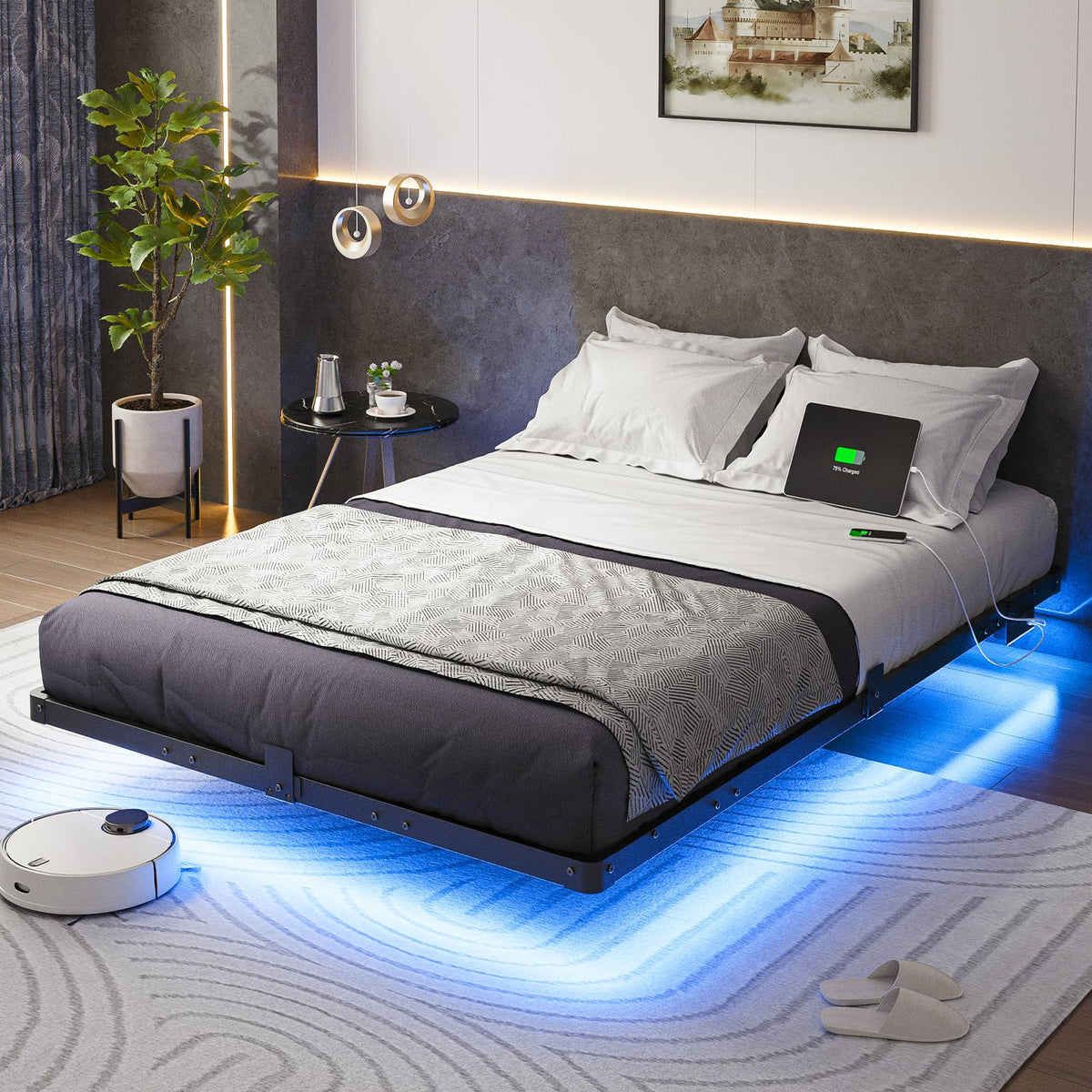 Full Size Modern Floating Bed Frame with Smart LED Lights, USB Chargin ...