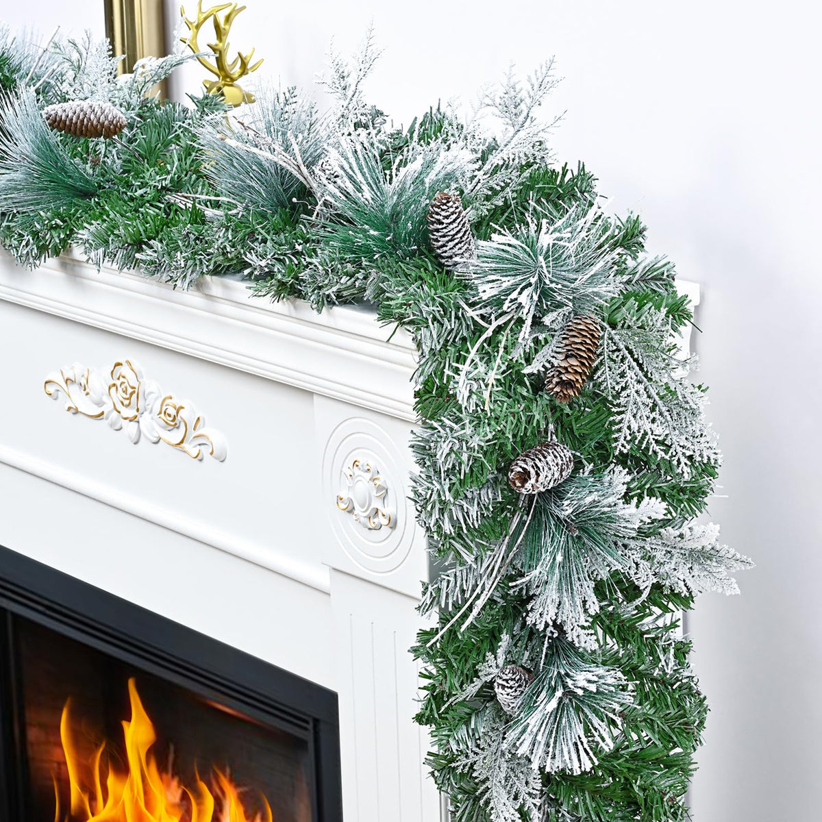 6 FT Christmas Garland with Lights, Artificial Flocked Pine Garland fo ...