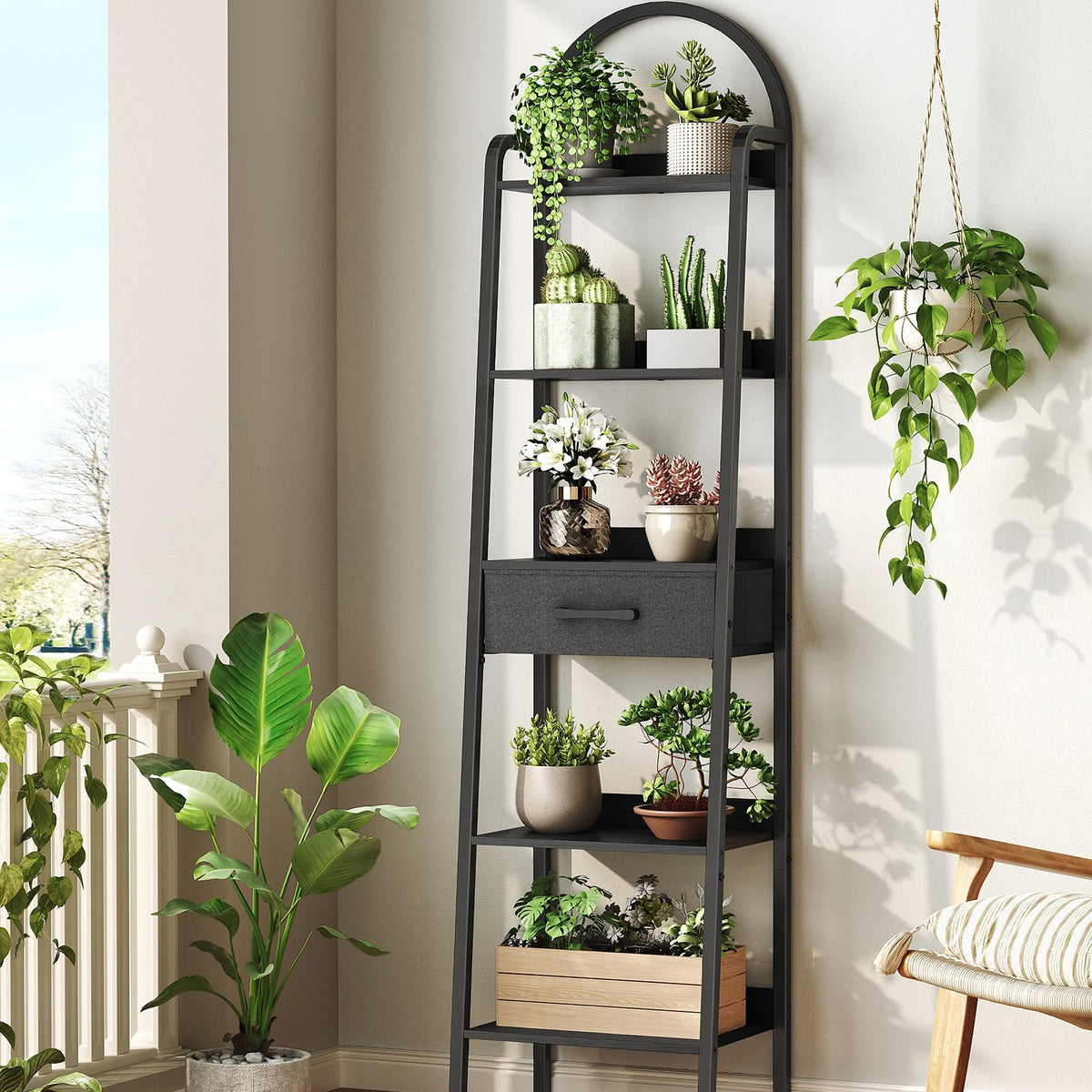 CHOEZON 5 Tier Ladder Shelf with Drawer, Tall Ladder Bookshelf, Standi ...
