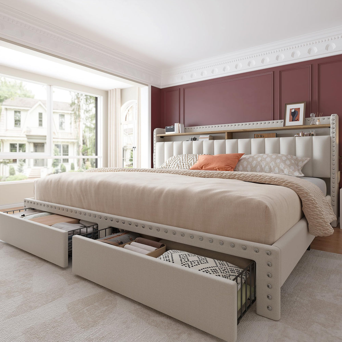 EnHomee King Size Bed Frame with Storage and Headboard, Upholstered Ki ...