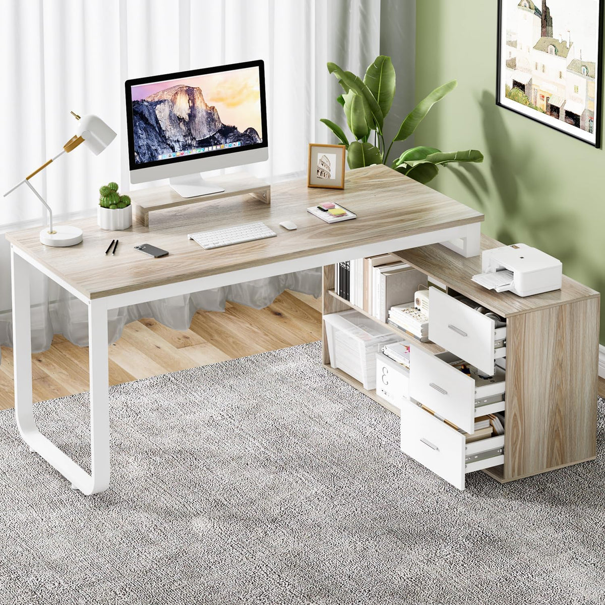 MaverickFurni 55 Inch Long Desk with Storage Shelfs, L Shaped Computer ...