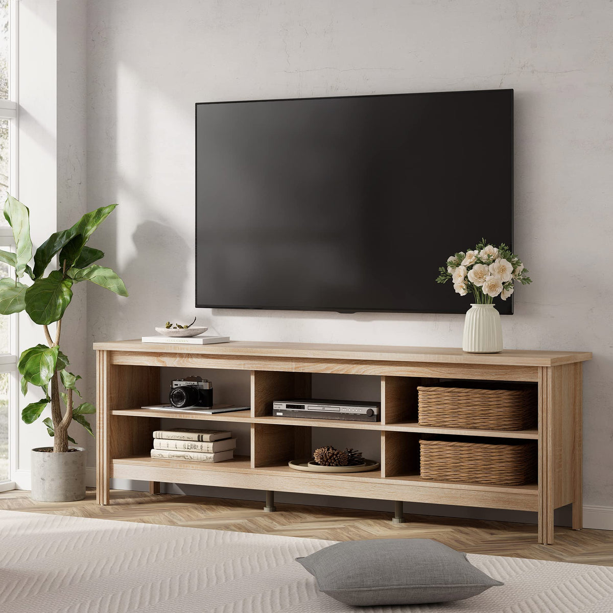 WAMPAT Farmhouse TV Stand for TVs up to 80 Inches, White Oak Entertain ...