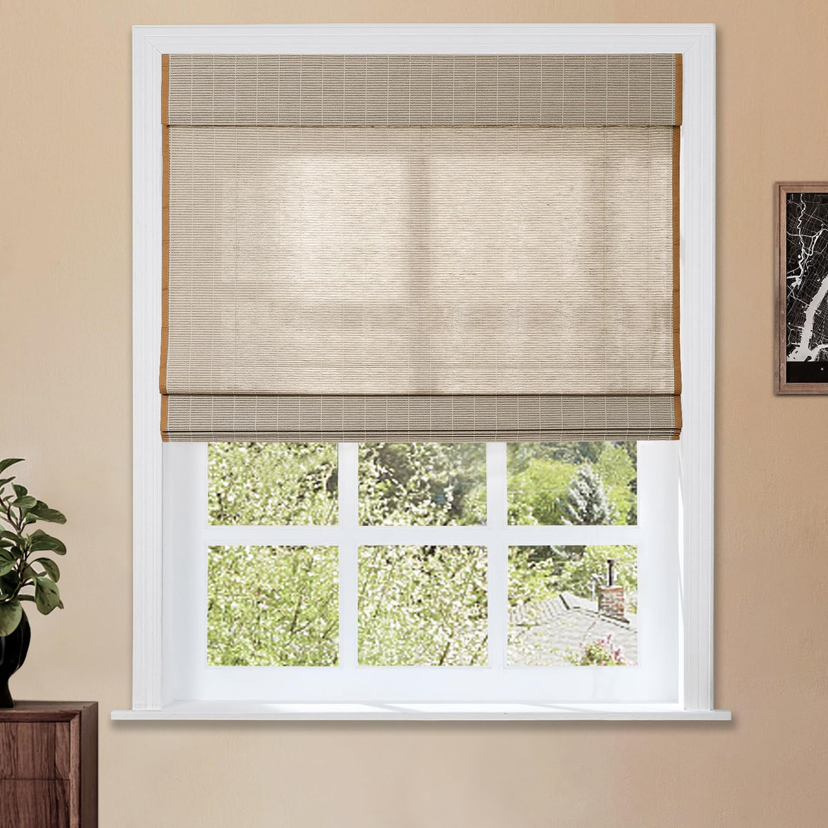TWOPAGES No Drill Roman Blind Bamboo Flax Cordless Roman Shade for Kit ...