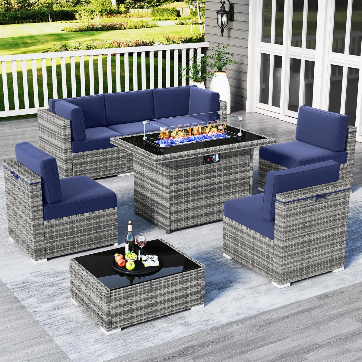 LayinSun 8 Piece Patio Furniture Set with 44" Propane Gas Fire Pit Tab ...