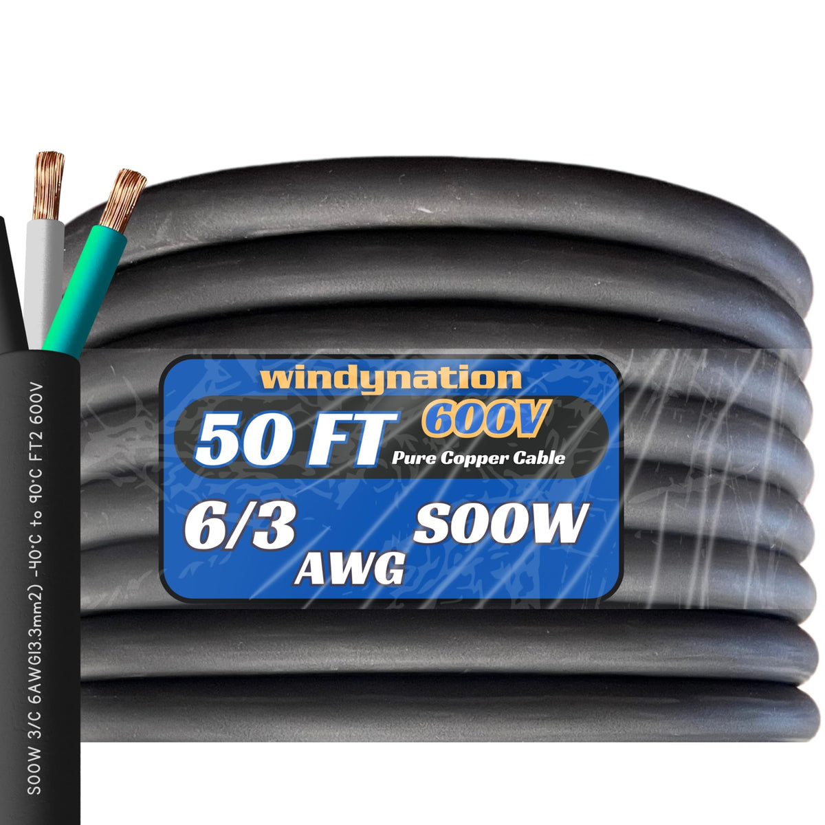 WindyNation 50 Feet 6/3 6 AWG SOOW SO Cable Cord Wire - 6 Gauge 3 Cond ...