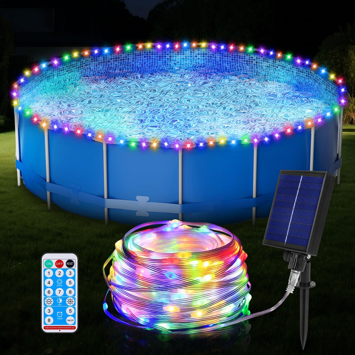 55ft Solar Pool Lights for Above Ground Pools, 150 LEDs Remote IP65 Wa ...