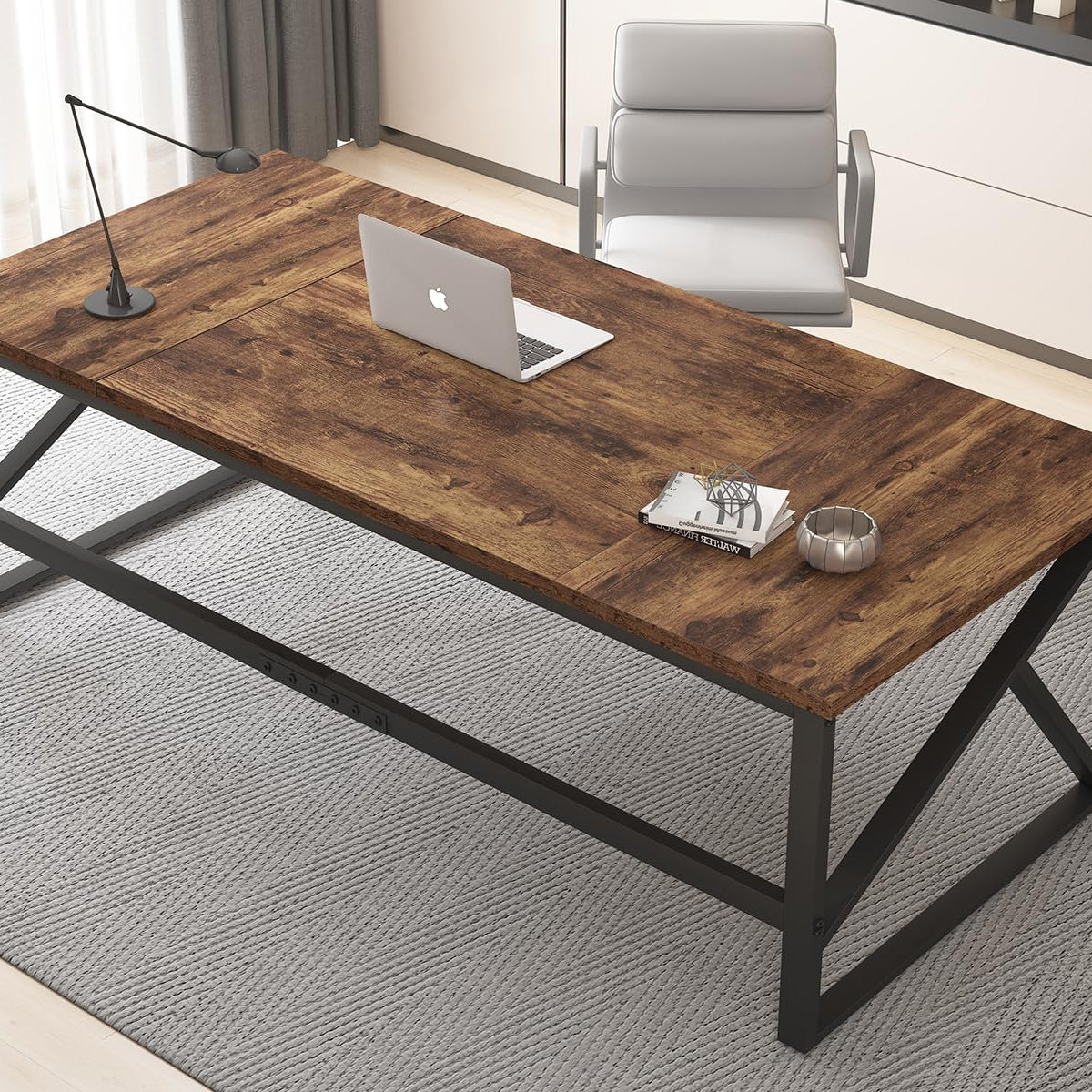 HSH Large Rustic Brown Computer Desk, 70 Inch Home Office Metal Wood D ...