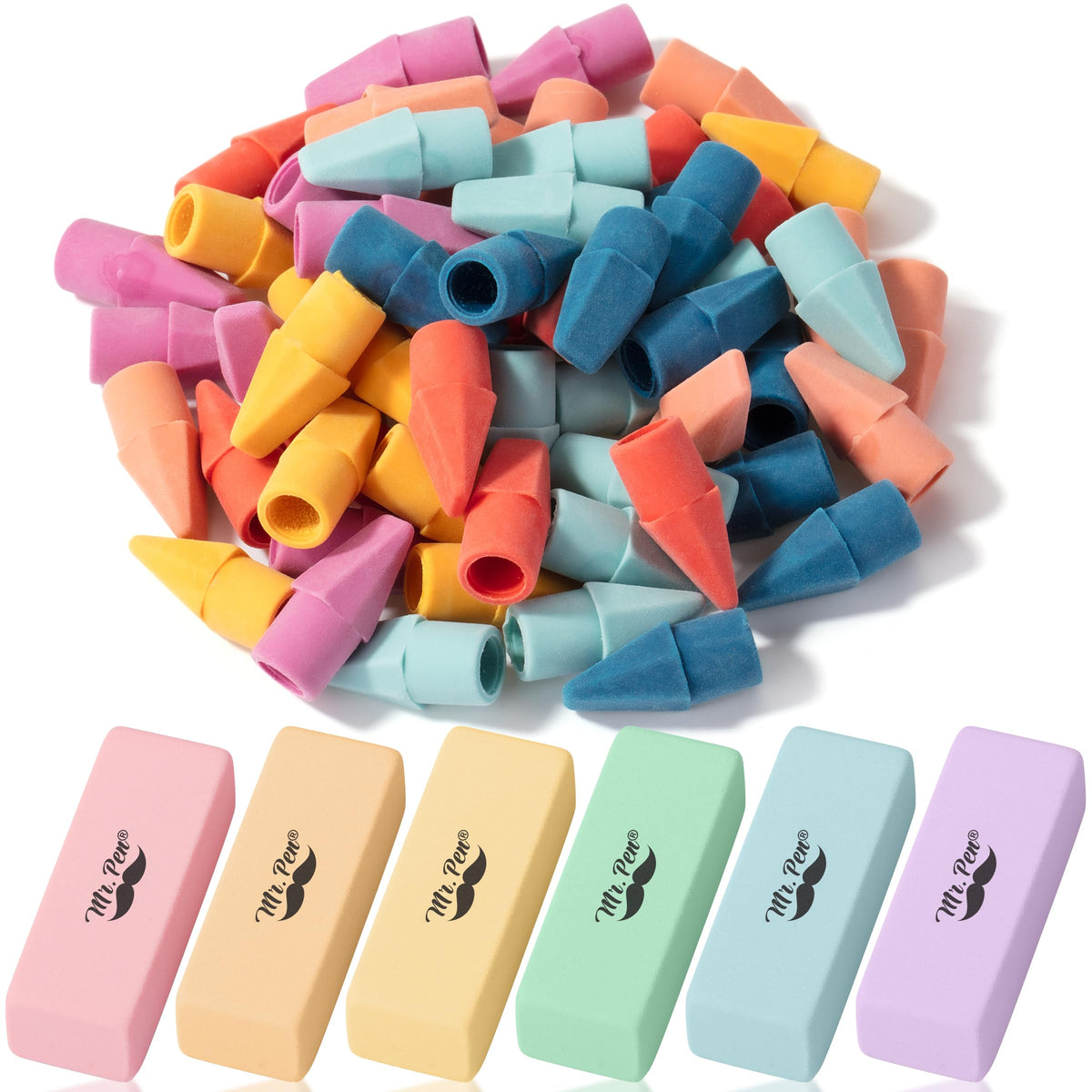 Mr. Pen- Pencil Erasers Set, 66 Pack, 6 pc Hand-Held(Pastel Colors ...