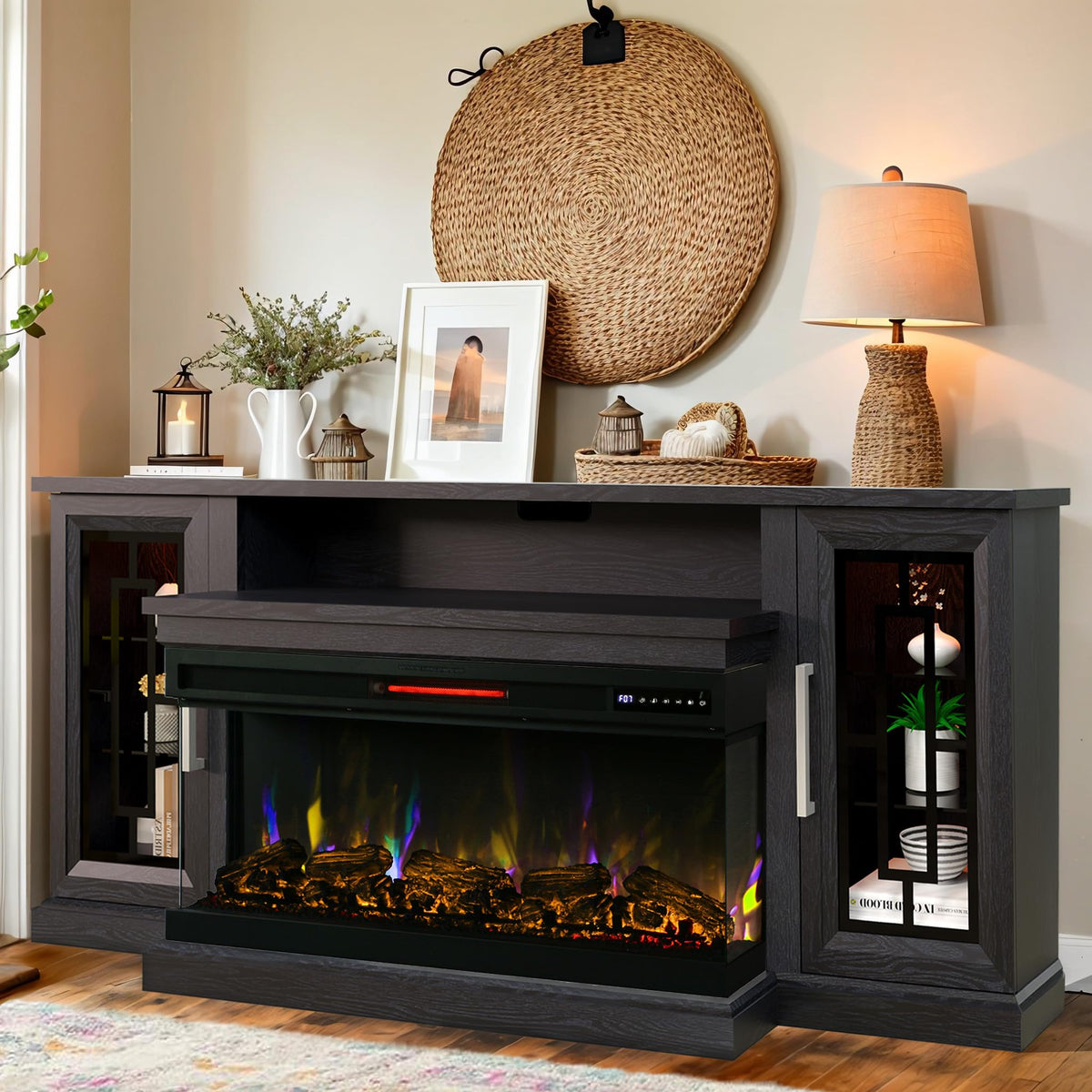 Unineo 75 Inch Electric Fireplace TV Stand, 3- Side Glass LED Modern M ...