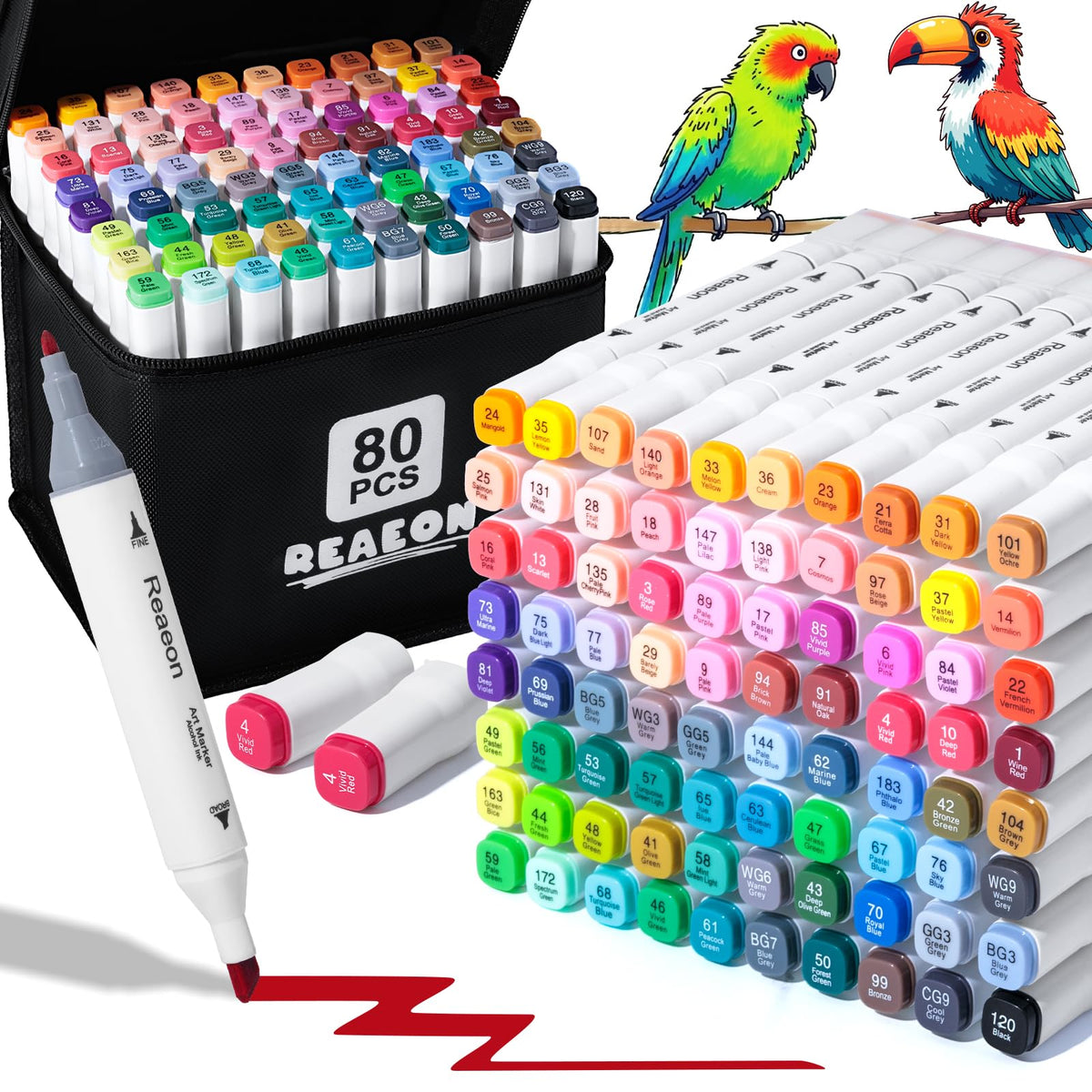 Reaeon Alcohol Art Markers, 80 Colors Fine & Chisel Dual Tip Marker Se ...