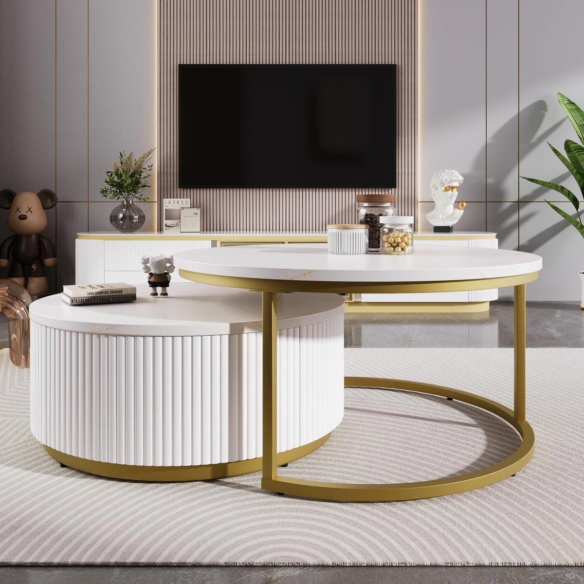 Merax Round Nesting Coffee Table Set of 2 with Storage Drawer and Marb ...
