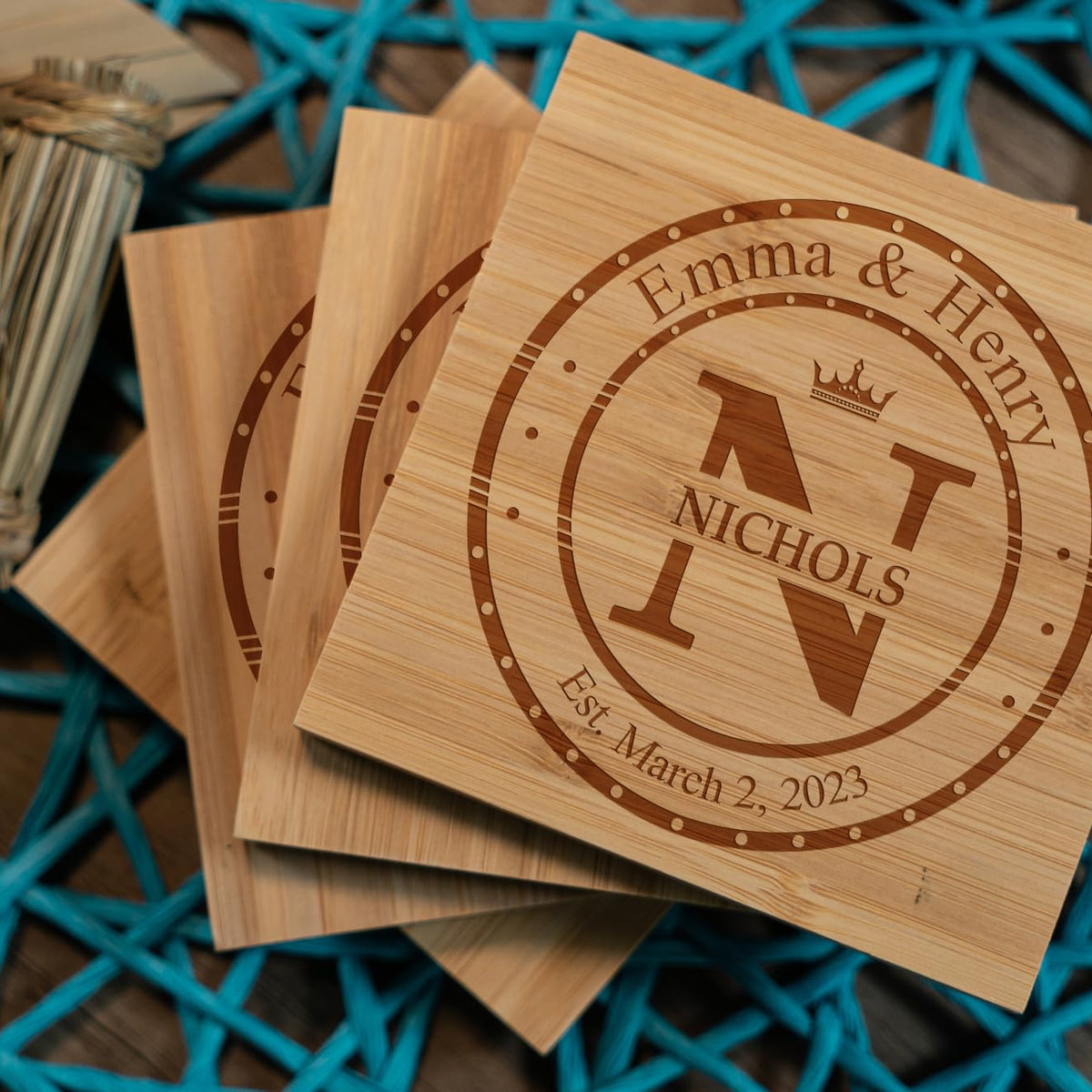Tayfus Personalized Bamboo Coasters, Set of 4 Square Custom Coaster wi ...