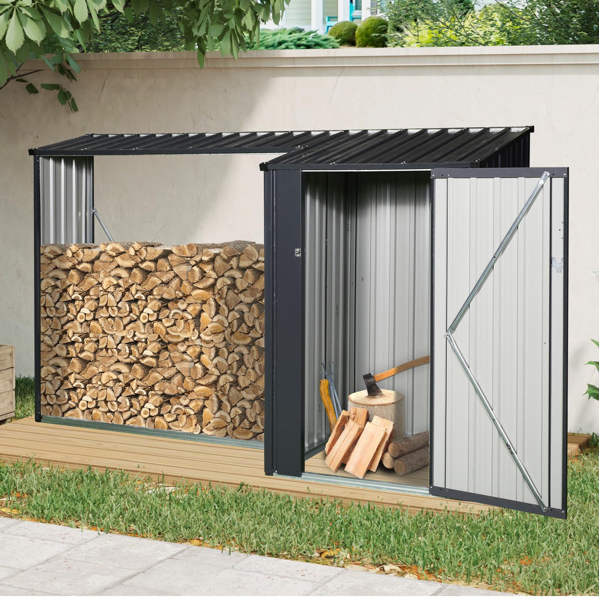 YOPTO 106.5" Outdoor Steel Firewood Rack Metal Storage Shed with Door ...
