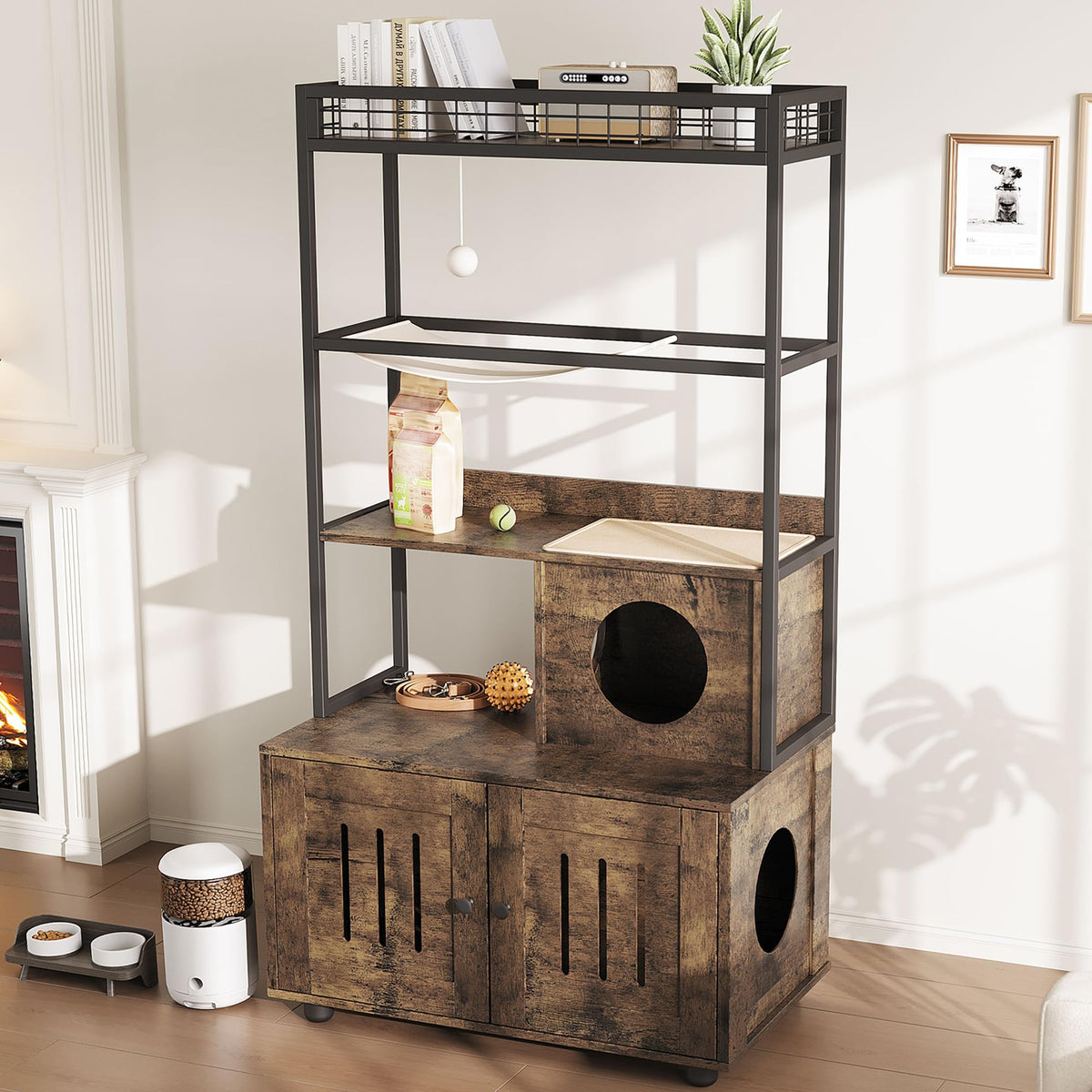 Litter Box Enclosures with Metal Frame, Indoor Tall Cat Litter Box Fur ...