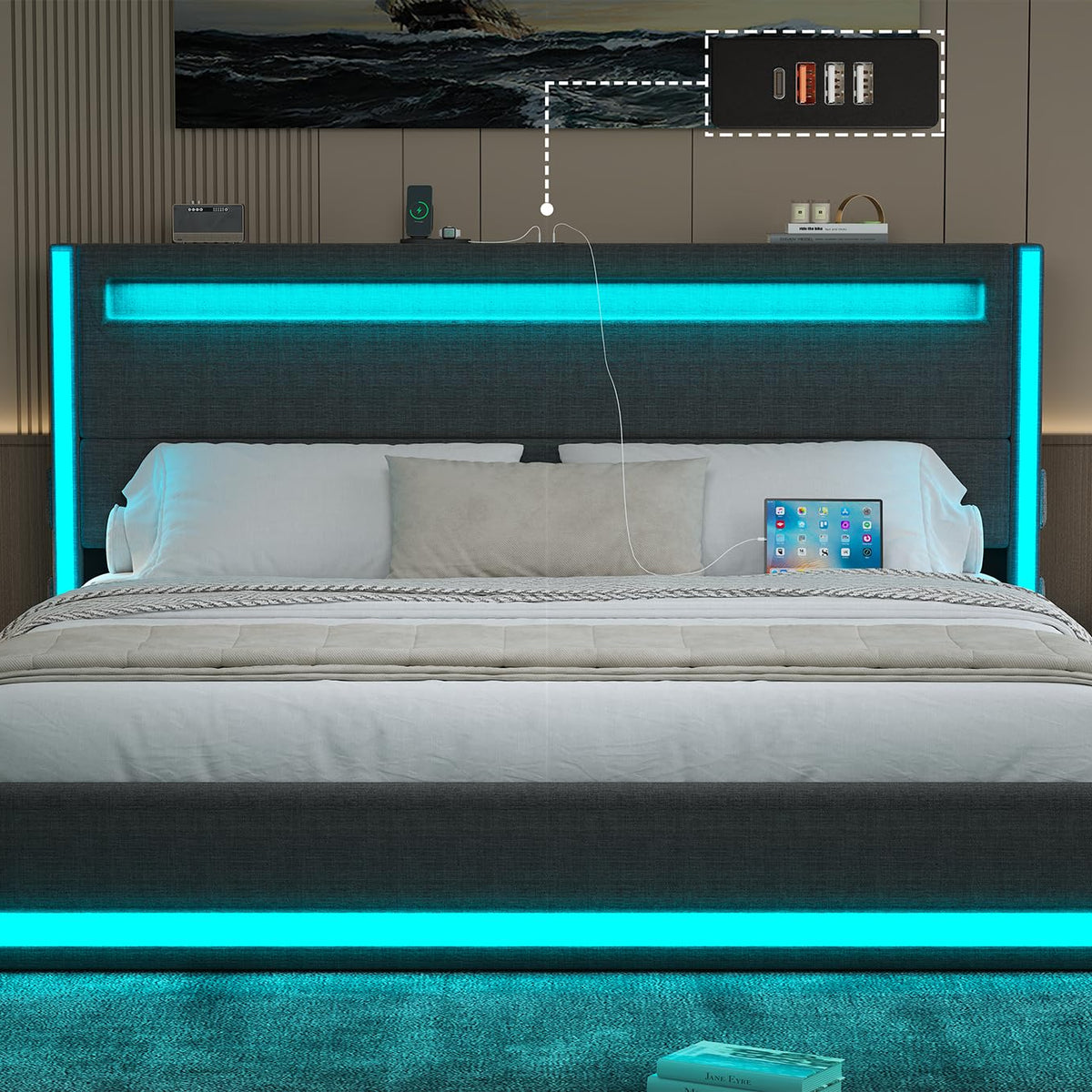 CSZZD Adjustable King Size Bed Frame with LED Lighting and USB Chargin ...