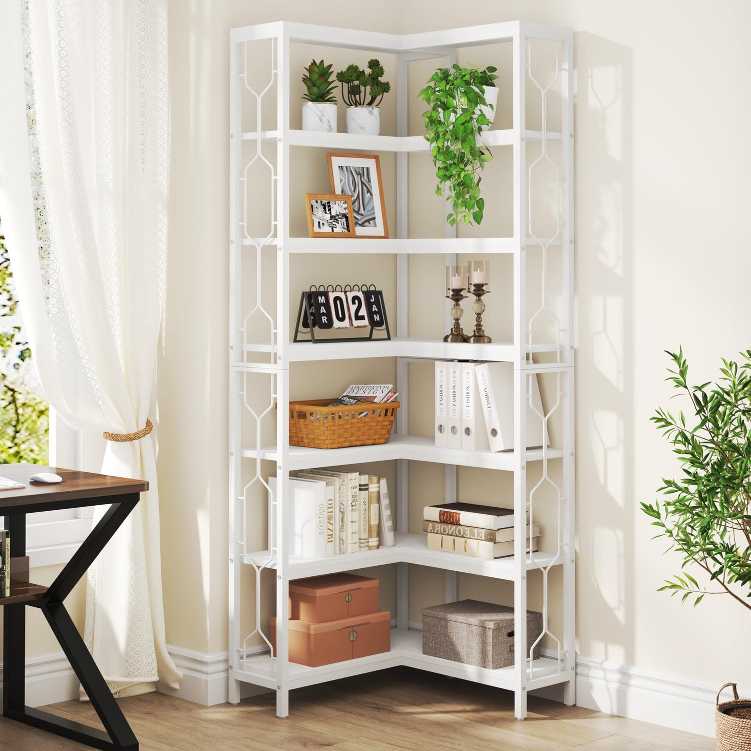 Tribesigns 7-Tier White Industrial Corner Bookshelf - Freestanding Eta ...