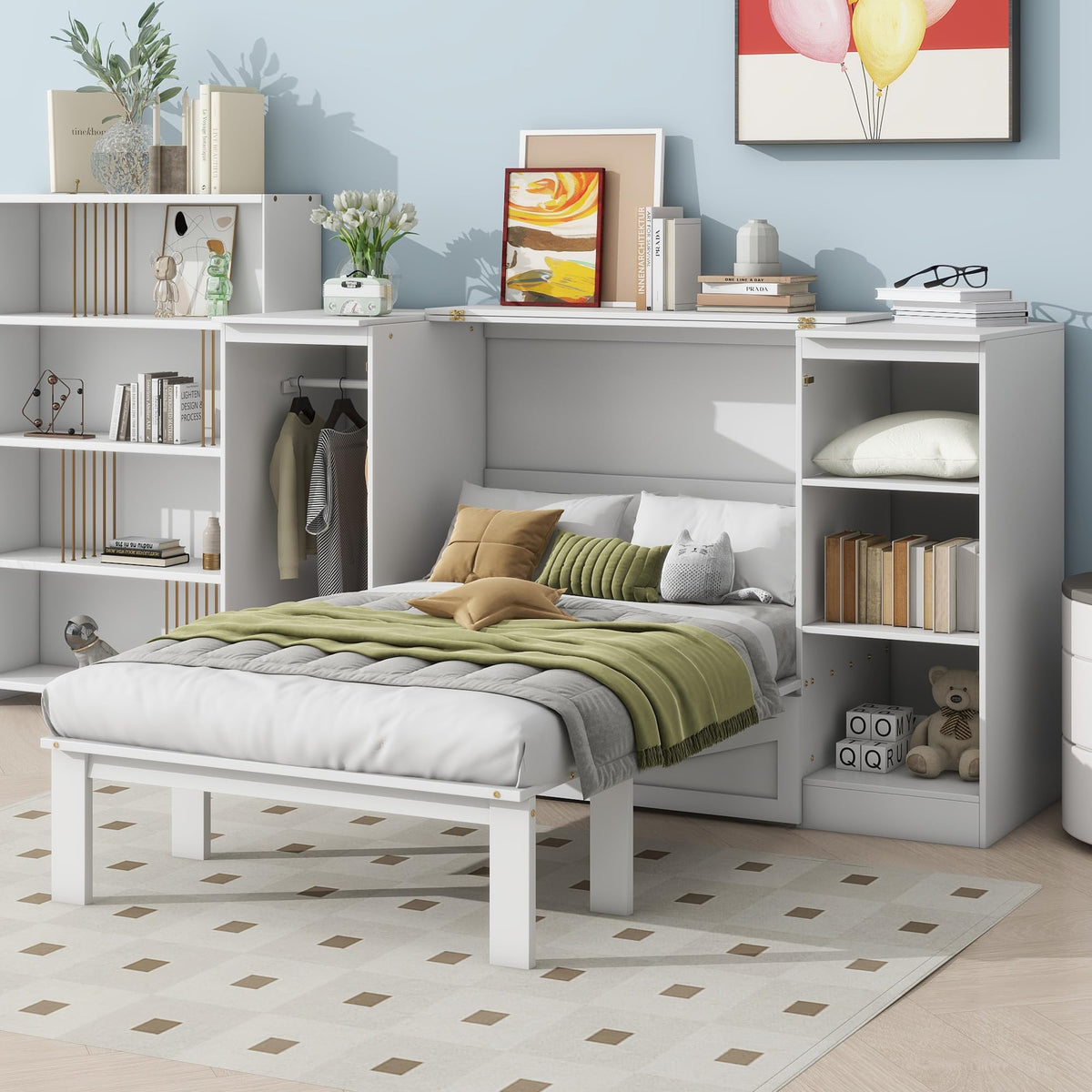 FAVSH Twin Size Murphy Bed with Bedside Shelves & Wardrobe, Wooden Wal ...