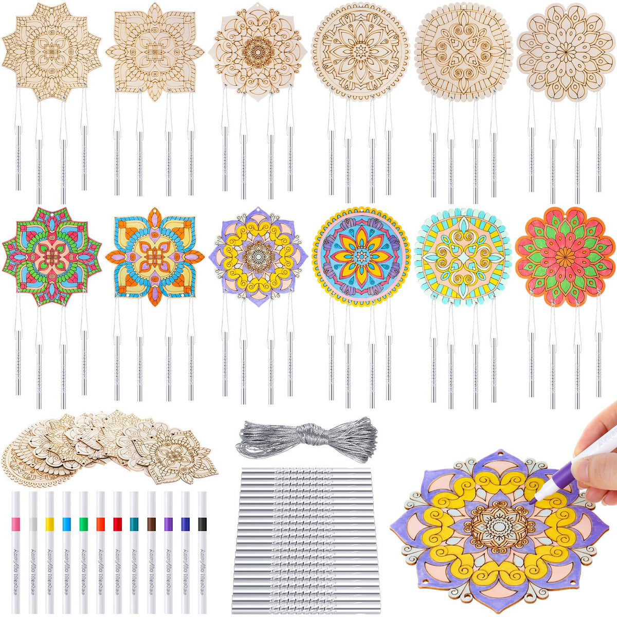 Potchen 18 Sets Mandala Wind Chimes Craft Art Kit for Adult Color Your ...