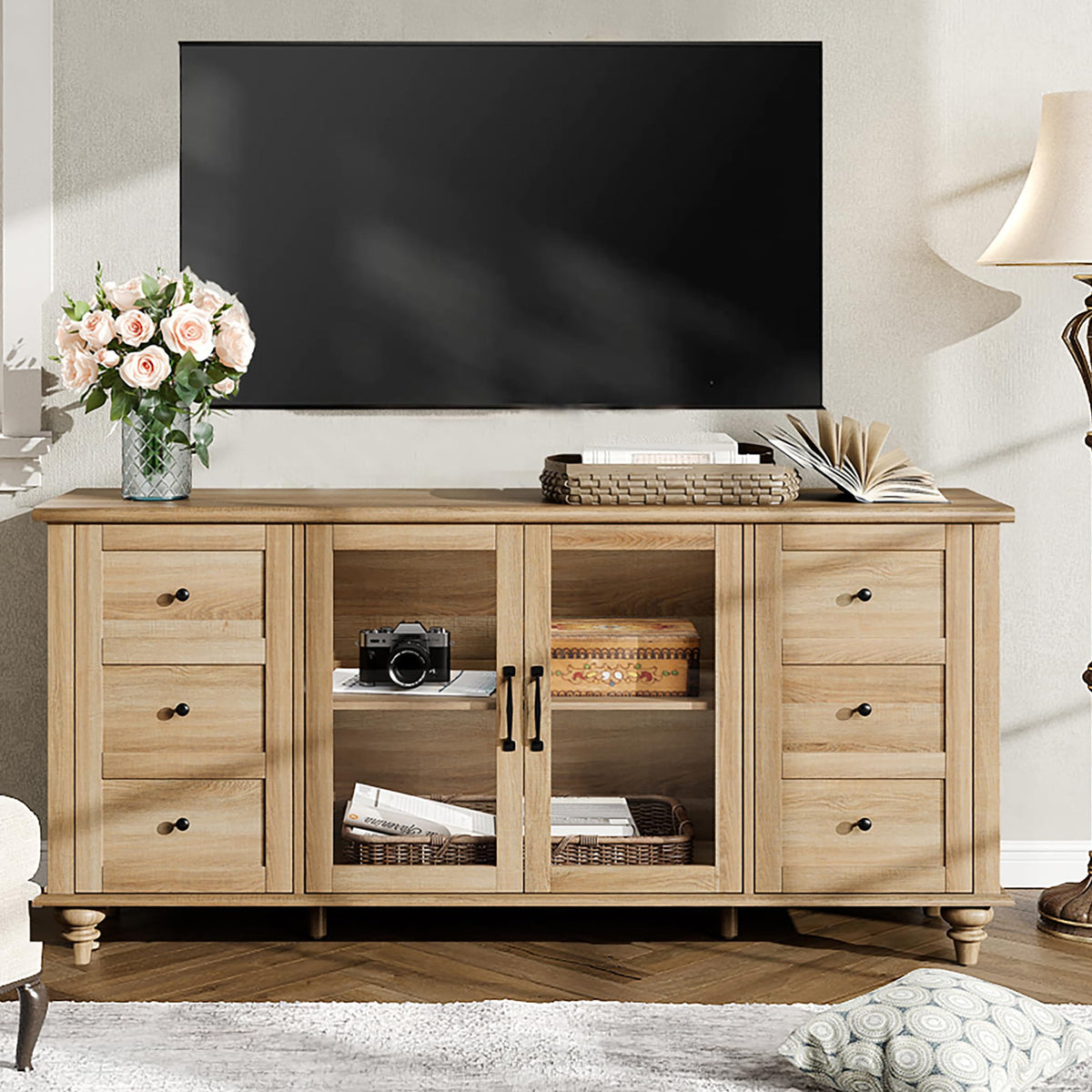 WAMPAT Glass Door Farmhouse TV Stand for TVs Up to 75 inch, Wood Unive ...