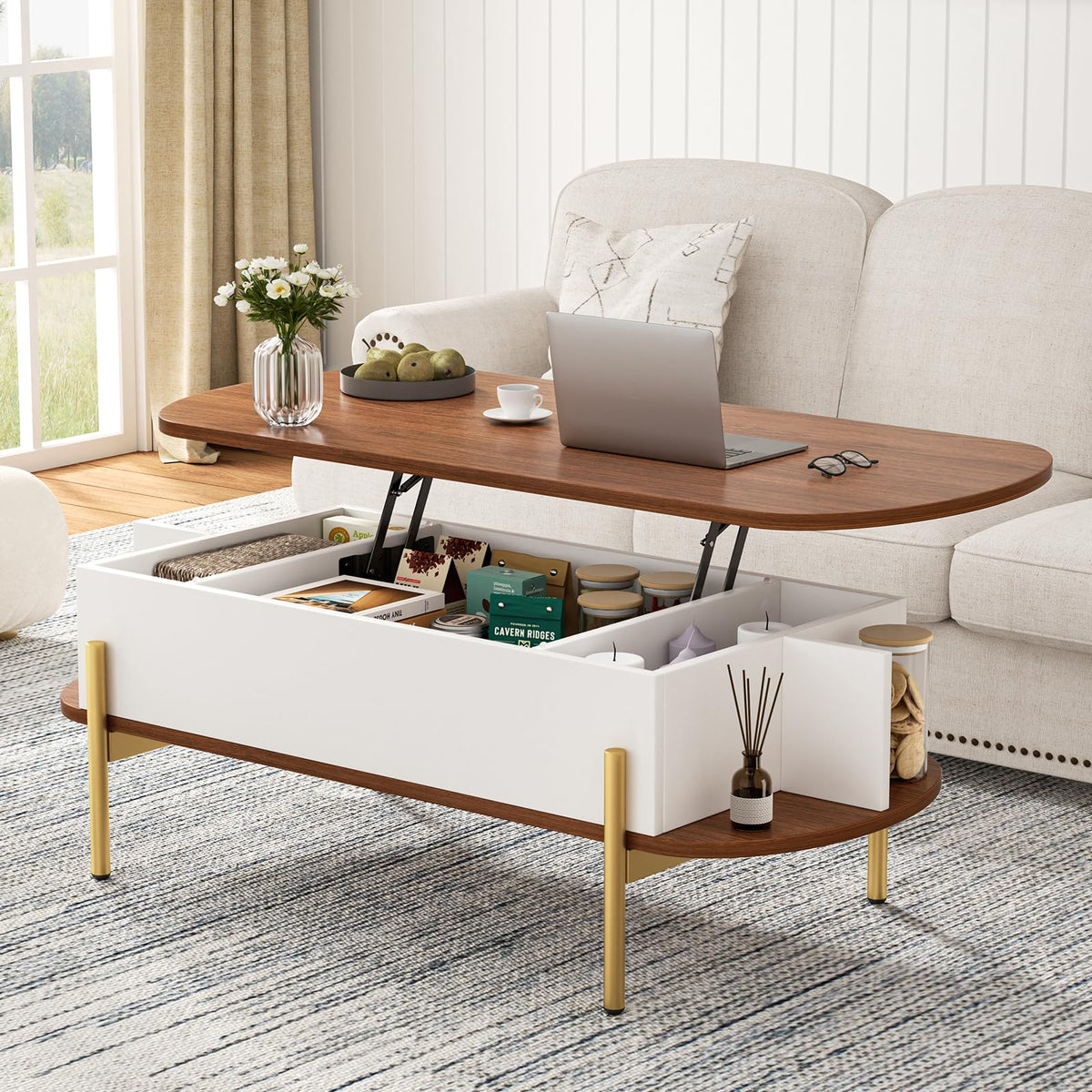 ALLSTAND 48" Oval Lift Top Coffee Table with Storage Metal Legs & Larg ...