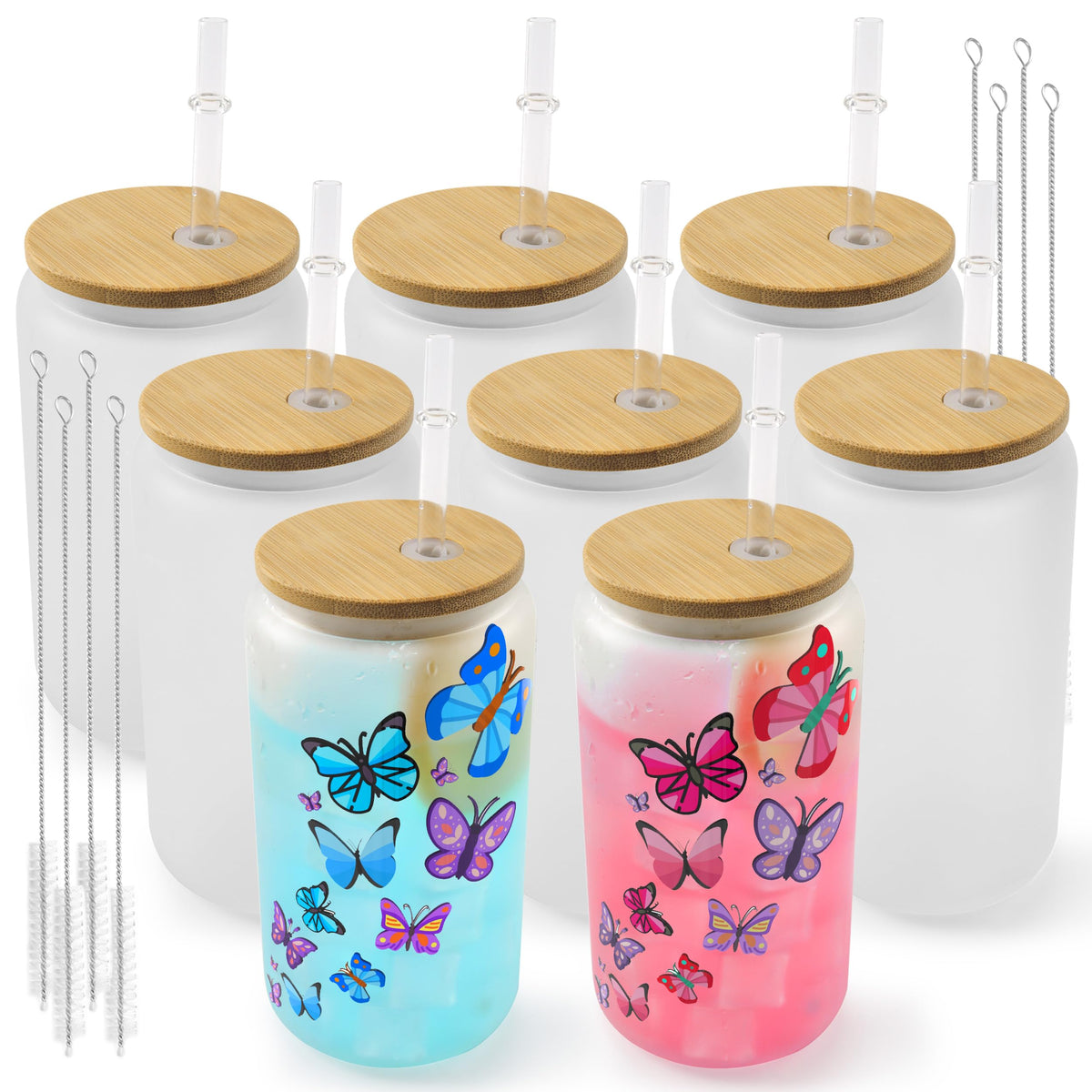 Joyclub 8 Pack Sublimation Glass Cups Blanks with Bamboo Lid 16 OZ Fro ...