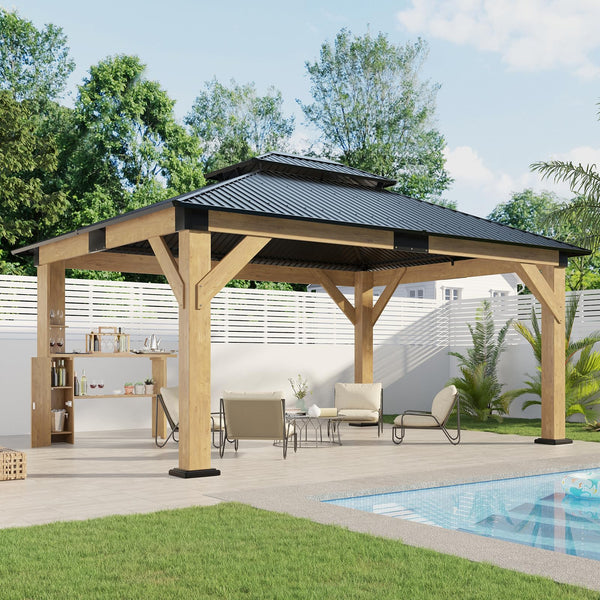 AMERLIFE 13x15 Hardtop Gazebo, Spruce Wood Gazebo with Storage Bar Cou ...