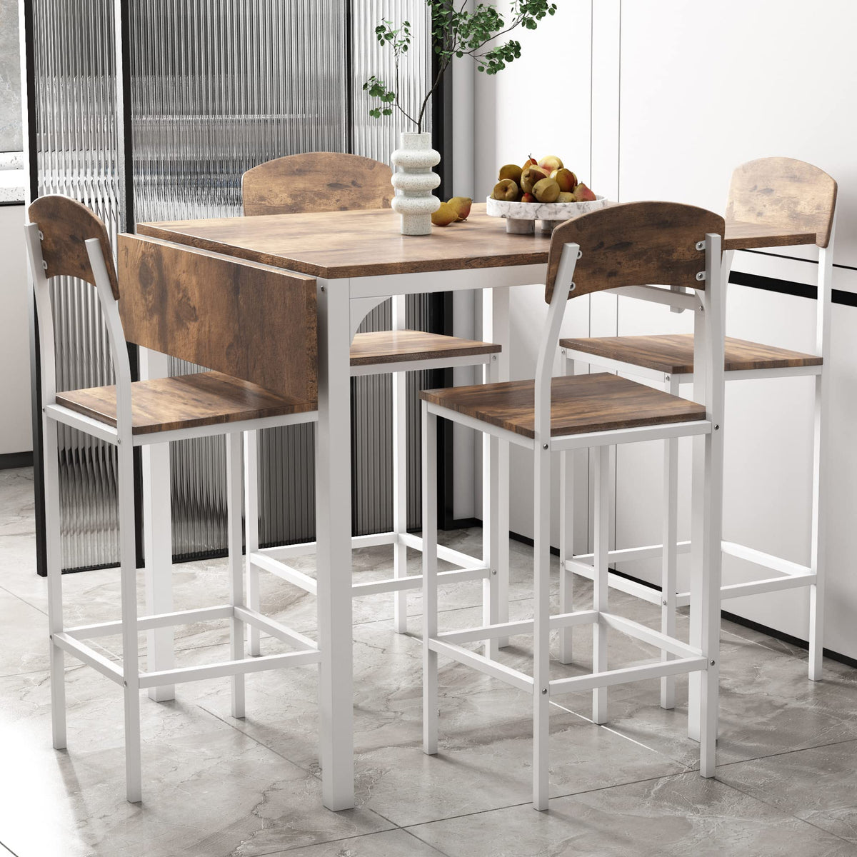 Merax Farmhouse 5-Piece Counter Height Drop Leaf Dining Table Set with ...