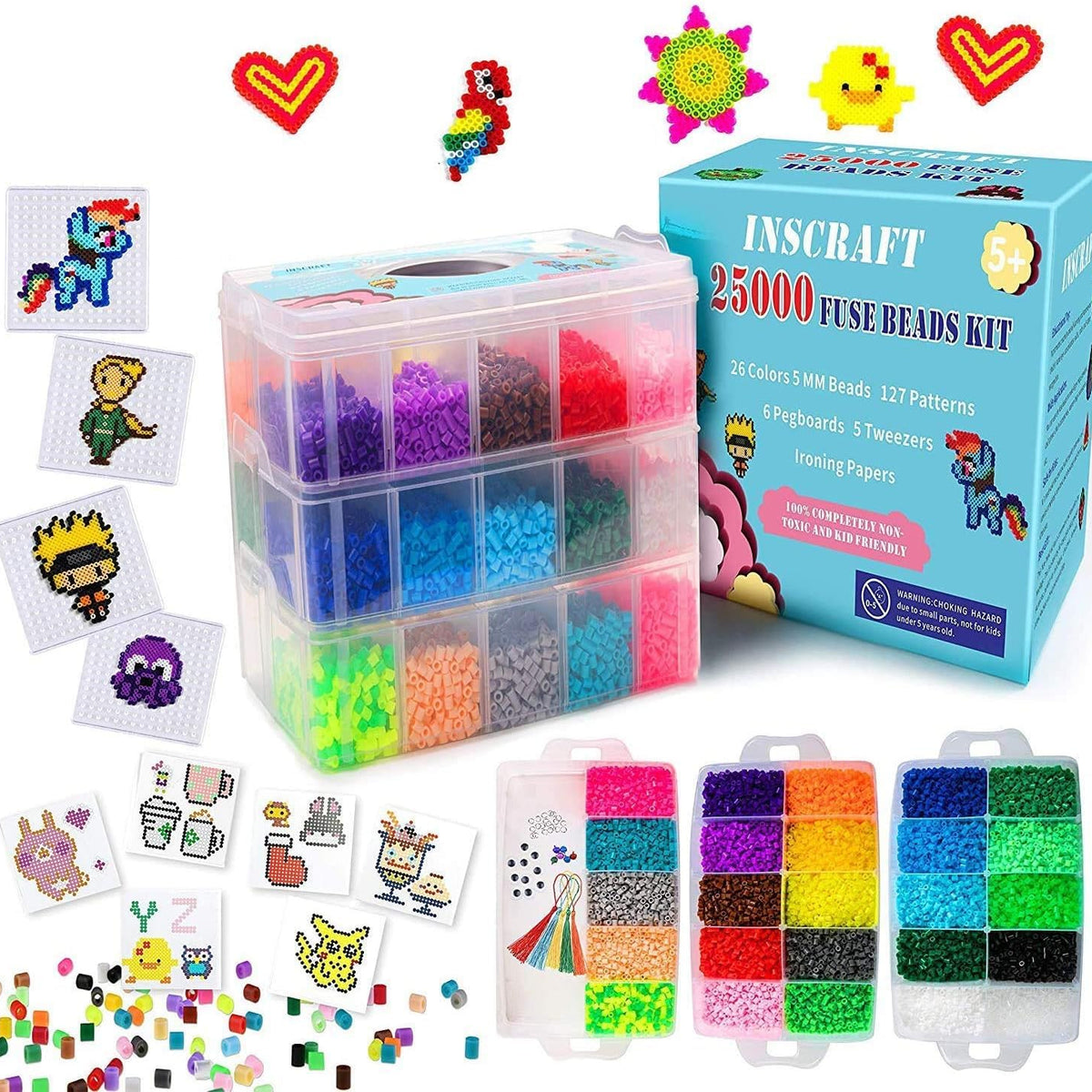 25,000 pcs Fuse Beads Kit 26 Colors 5MM, Including 127 Patterns, 4 Big ...