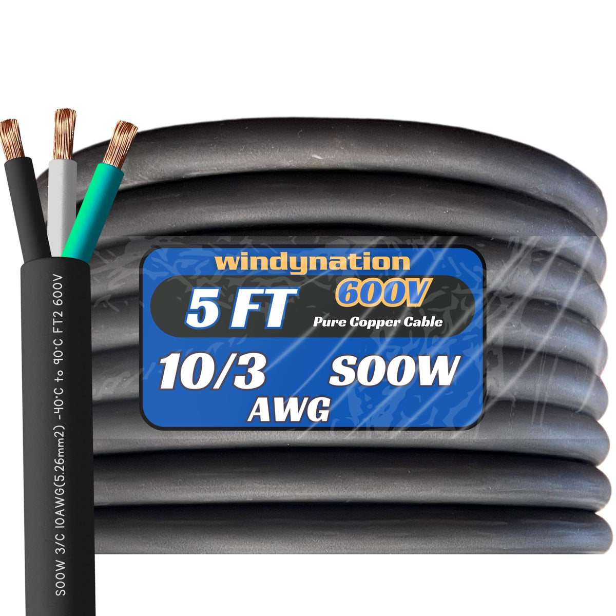 WindyNation 5 Feet 10/3 10 AWG SOOW SO Cable Cord Wire - 10 Gauge 3 Co ...