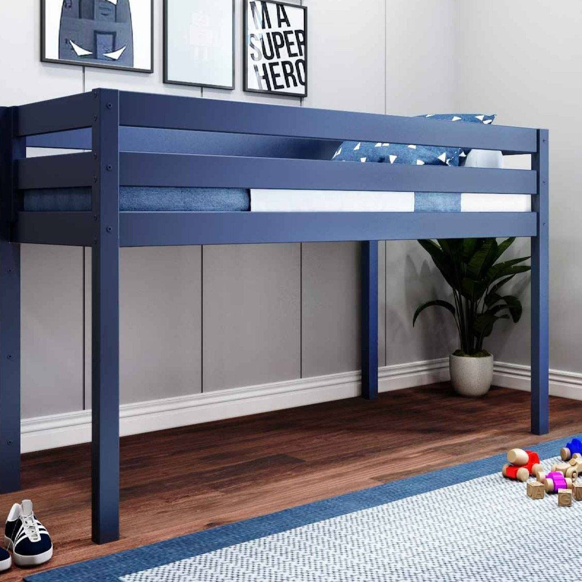 JACKPOT! Contemporary Low Loft Twin Bed with End Ladder, Blue ...