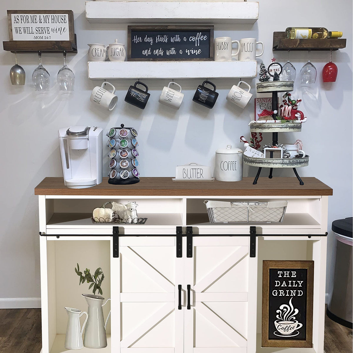 PHI VILLA Farmhouse Coffee Bar Cabinet - Sliding Barn Door Kitchen Sid ...