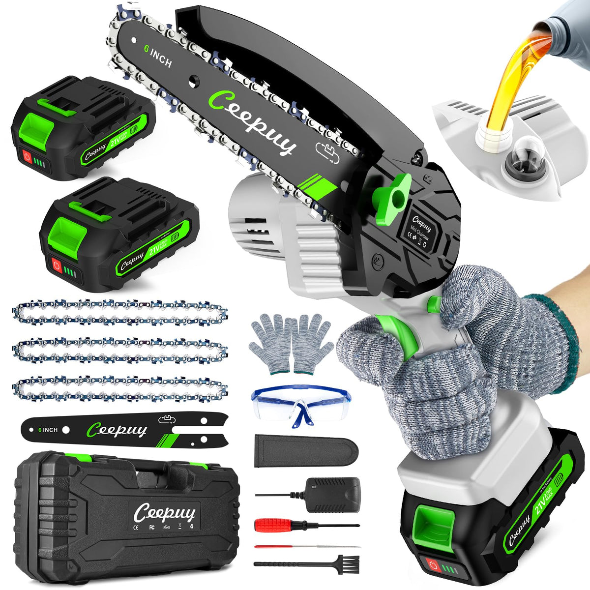 CEEPUY Mini Chainsaw Cordless,6 Inch Portable Electric Chain Saw w/Aut ...