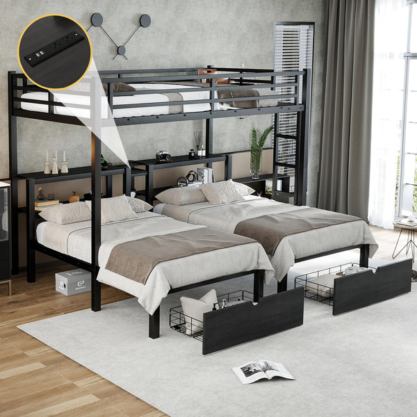 Heavy Duty Triple Bunk Bed with Storage Drawers, Shelves, Triple Bed w ...