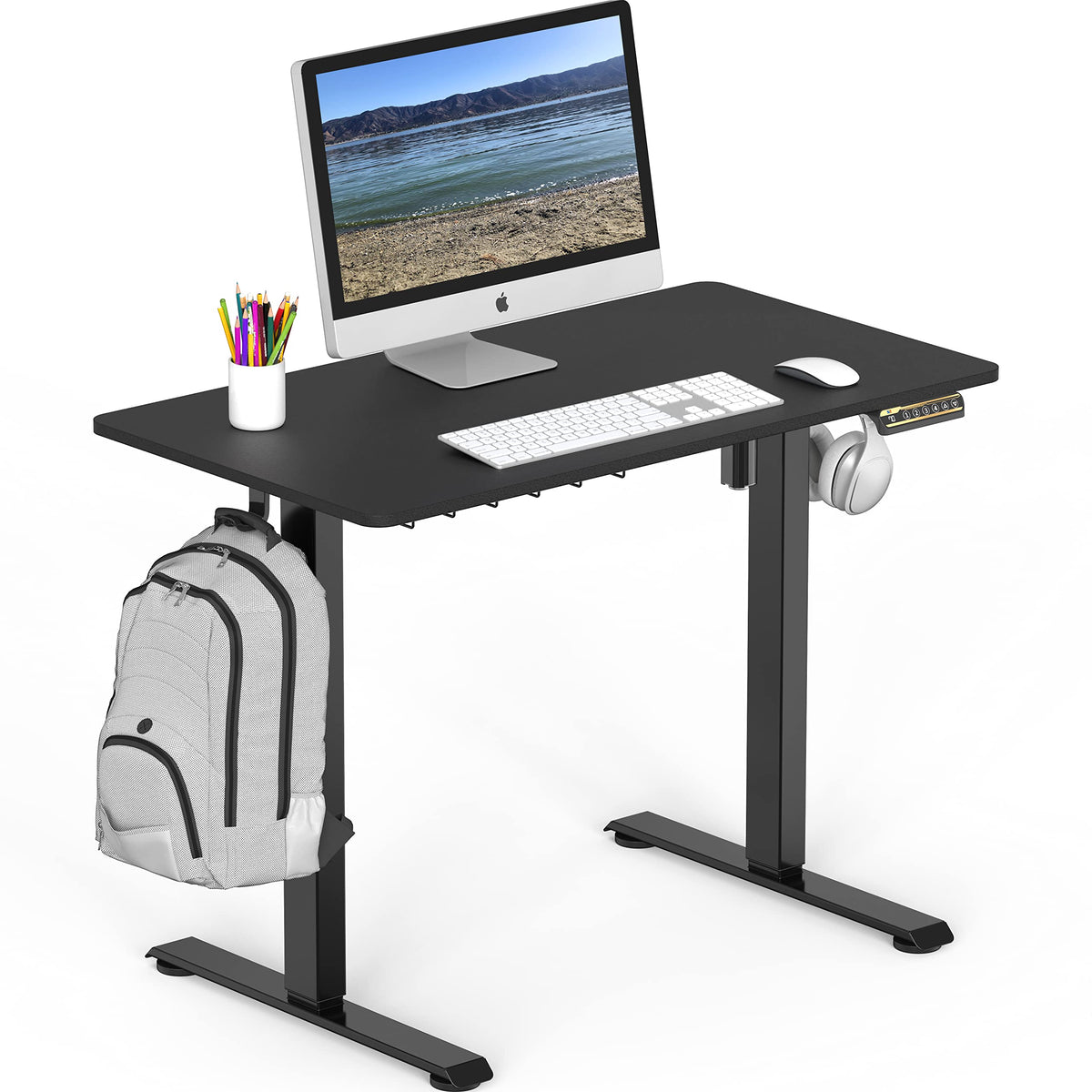 SHW Small Electric Height Adjustable Sit Stand Desk with Hanging Hooks ...