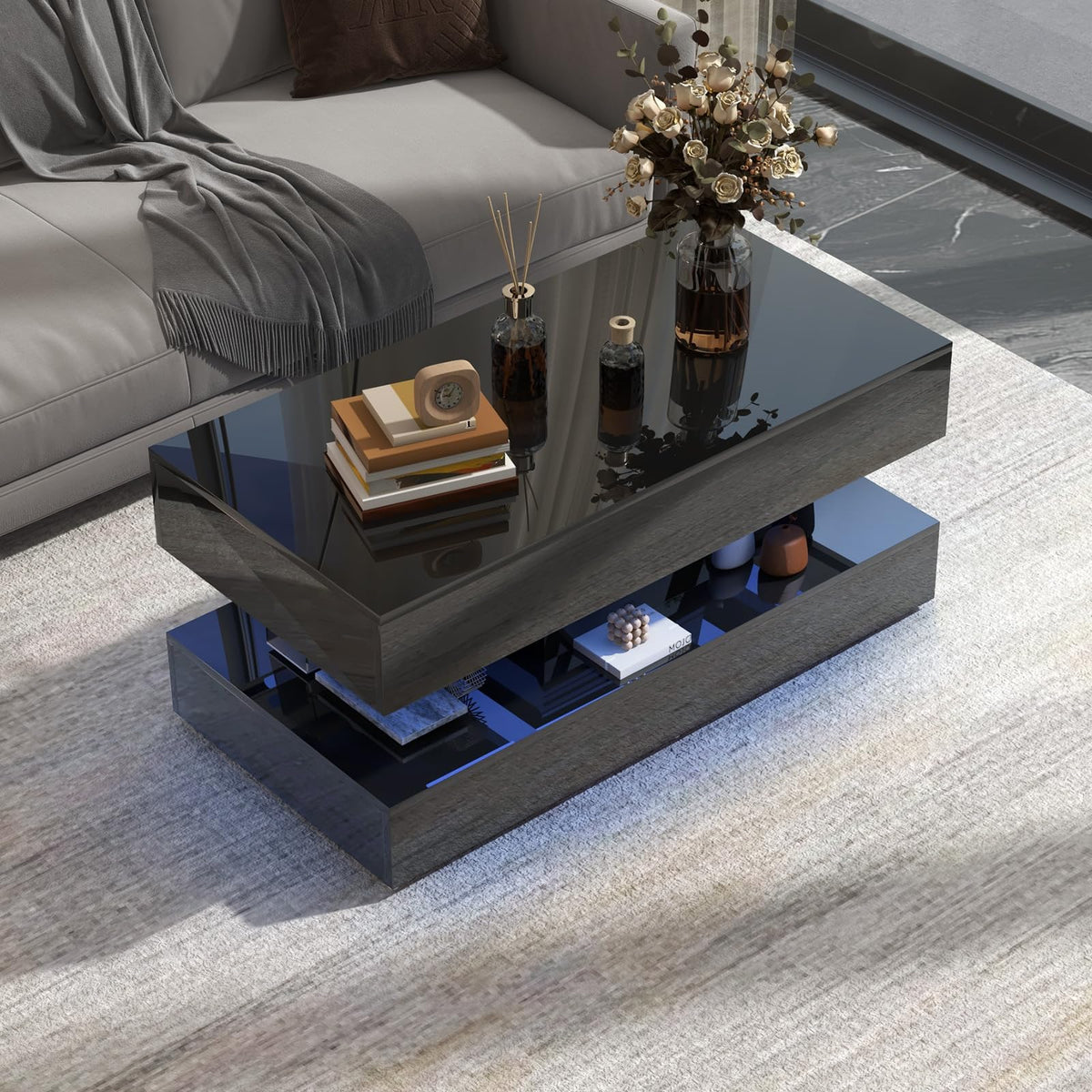 OC Orange-Casual LED Coffee Table with Storage, High Glossy Center Tab ...