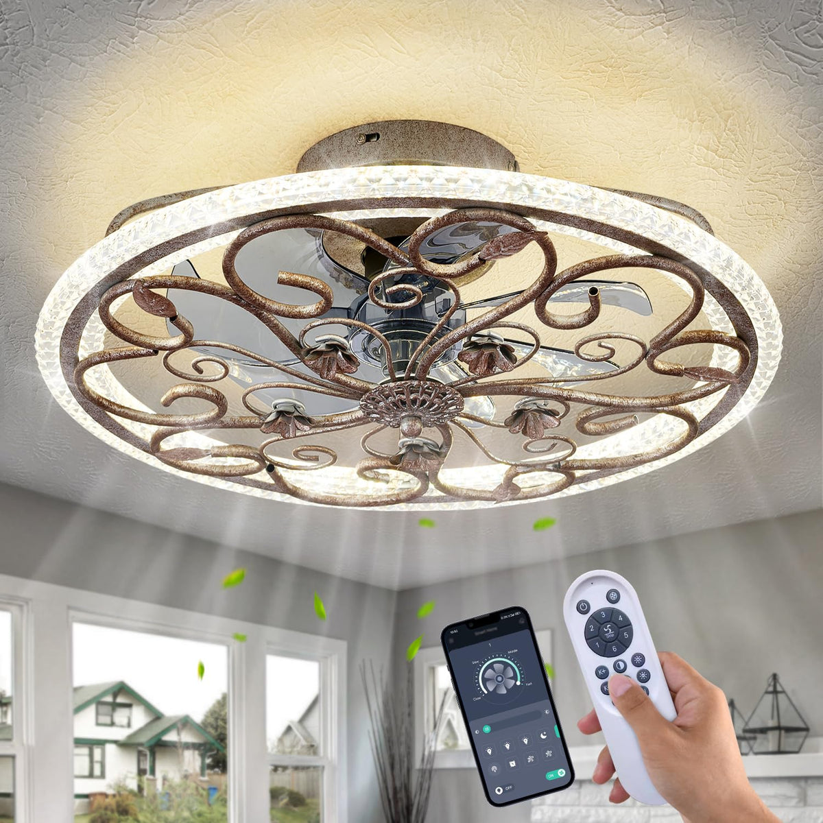 HuixuTe Rustic Caged Ceiling Fan with Lights Remote Control, Retro Ind ...