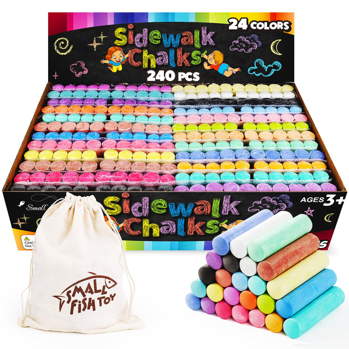 240PCS Washable Sidewalk Chalks, 24 Colors Jumbo Chalk for Kids, Non-T ...
