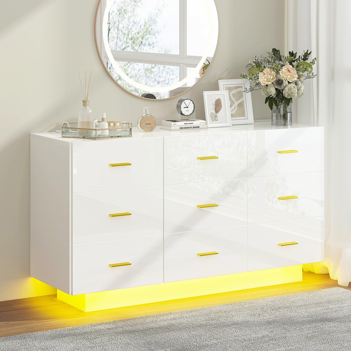 Walmokid 9 Drawer Dresser for Bedroom, 55'' W Highly Reflective Modern ...